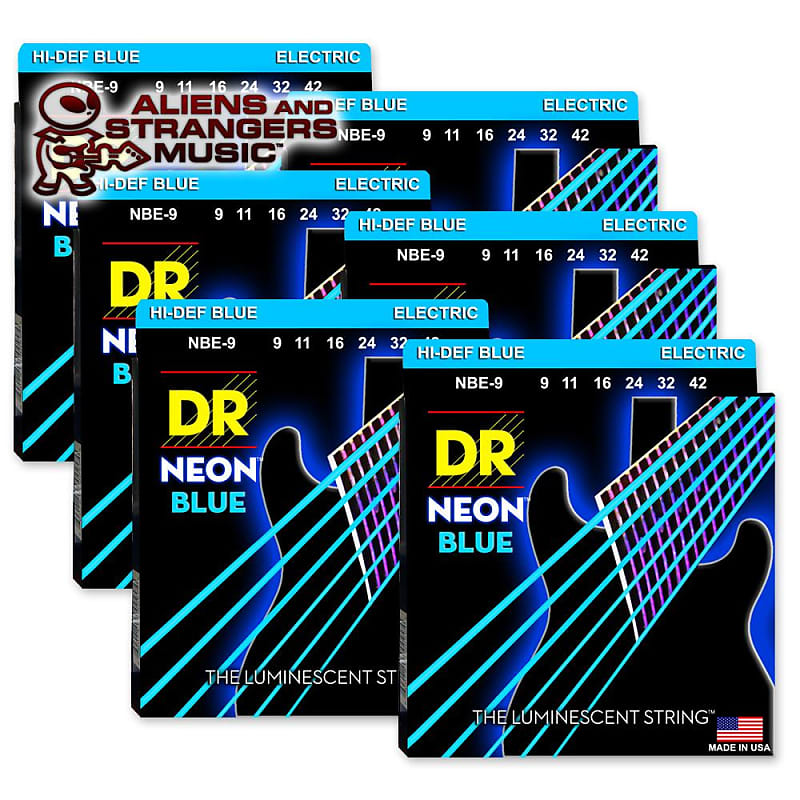 6 Sets! DR Strings NBE-9 NEON Blue Coated Electric Light 9-42 | Reverb