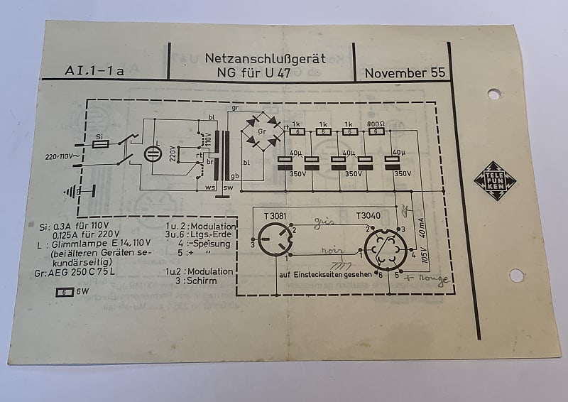 Telefunken U47 Original Schematic Collector's Piece | Reverb