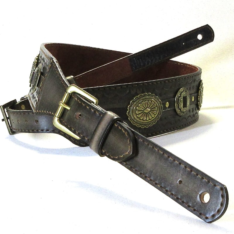 WIZARD LEATHER Guitar Strap, brass buckle/conchos, st230 | Reverb