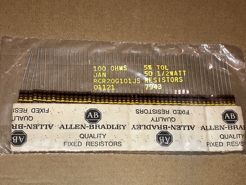 One pack of 50 Mil-Spec Allen Bradley 100 Ohm 5% 1/2w Carbon | Reverb