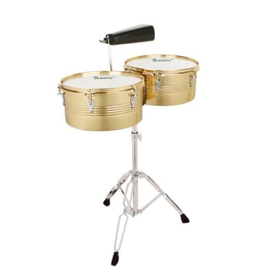 13" & 14" Timbales Drum Set with Stand and Cowbell Golden | Reverb