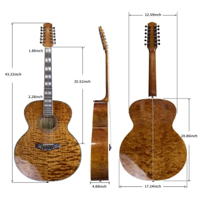 TARIO 12 Strings Acoustic Jumbo Body Guitar Quilted Maple | Reverb