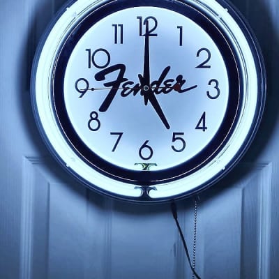 1960's-70's Fender Logo Double Neon White on White Wall Clock | Reverb