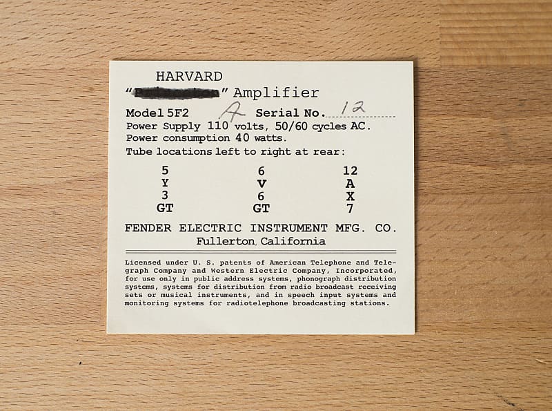 1963 Fender Harvard 6G10 Narrow-Panel Tweed Amp Tube Chart | Reverb