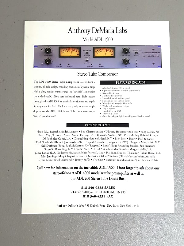 Anthony DeMaria Labs ADL 1500 Stereo Tube Compressor - | Reverb