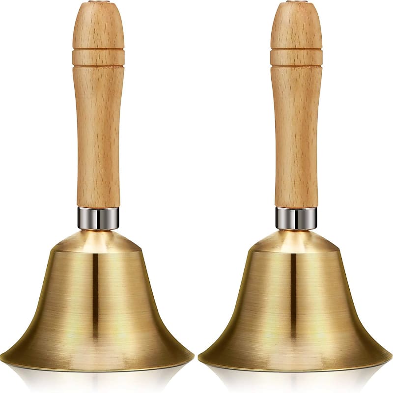2 Pieces Solid Brass Hand Call Bells With Wooden Handle | Reverb