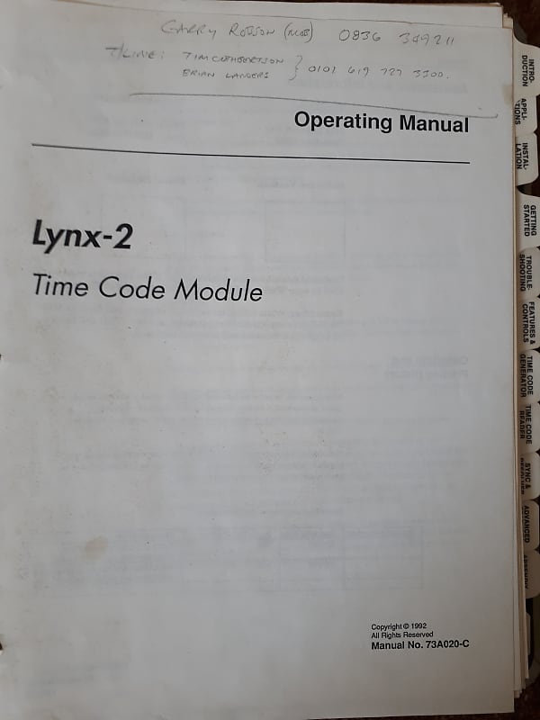 Lynx Operating Manual for Lynx-2 Time Code Module 1992 | Reverb