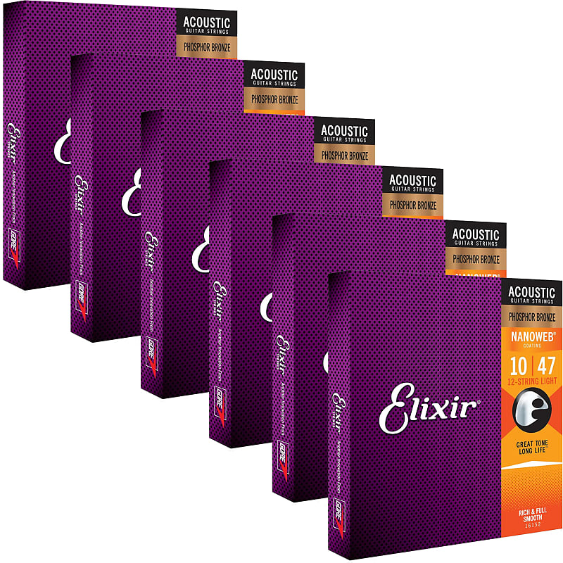 Mint 6 Sets of Elixir 16152 12-String NANOWEB Phosphor Bronze | Reverb