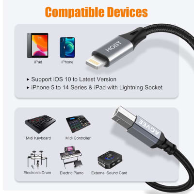 5ft Lightning OTG MIDI Cable USB Type-B Cord Compatible with | Reverb