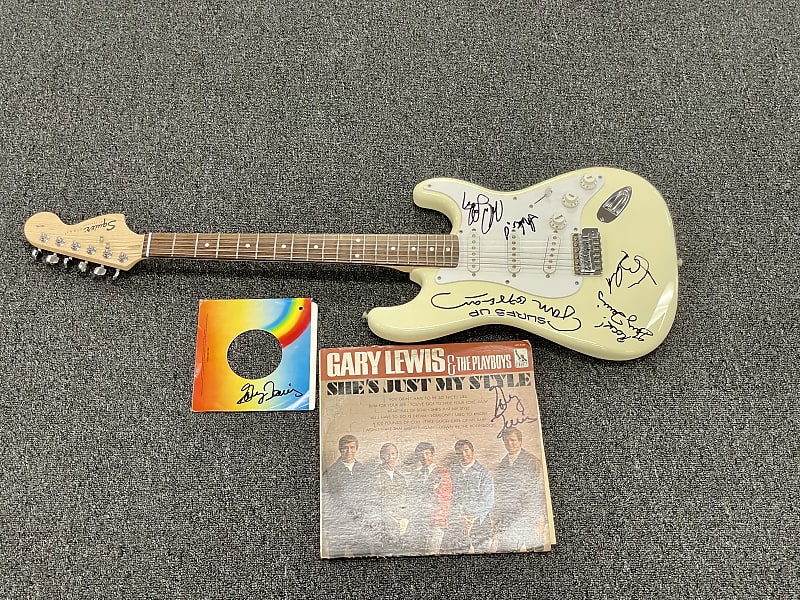 Squier Stratocaster 2002 White *Signed* by Gary Lewis, Jan | Reverb