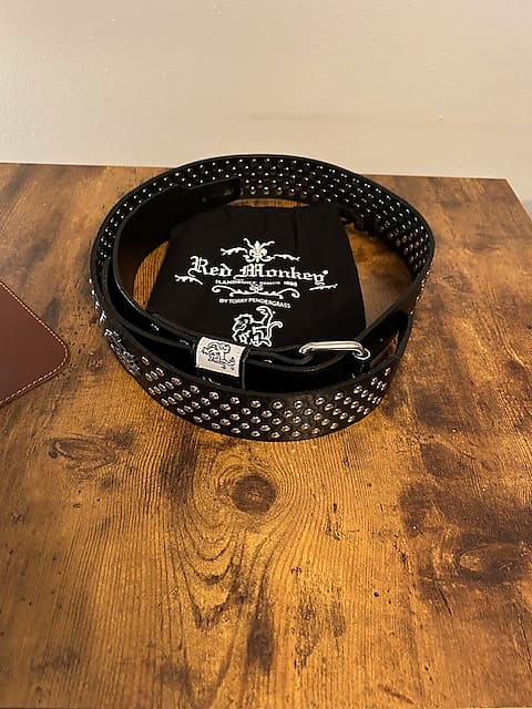 Red Monkey Bootleg 1-3/4" Studded Black leather guitar strap | Reverb