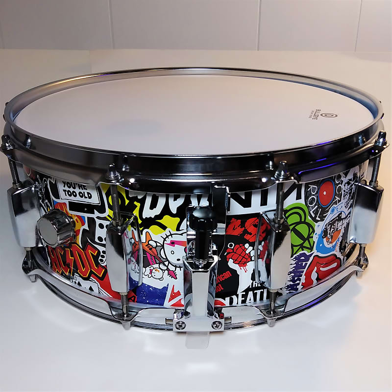 14" x 5 1/2" (Chrome Over Steel) Sticker Bombed Snare | Reverb