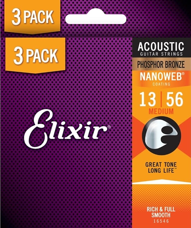 Elixir 3 Pack 16546 Nanoweb Phosphor Bronze Acoustic Strings | Reverb