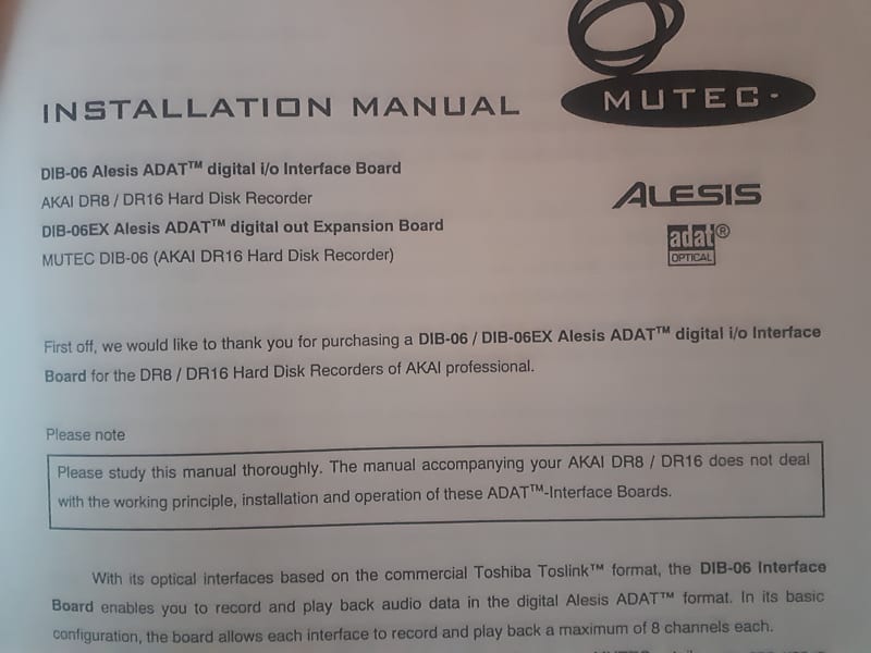 Installation Manual for Alesis DIB-06 Adat, Akai DR8/DR16, | Reverb
