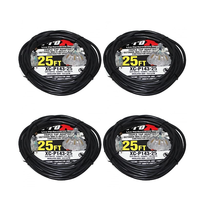 Pack of 4x Pro X 25 Ft. 120VAC NEMA 15 Male to 3 Socket | Reverb