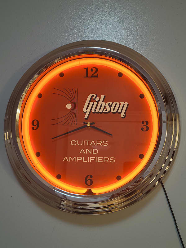 1950's/60's Style Gibson Guitars Neon Orange Wall Clock | Reverb
