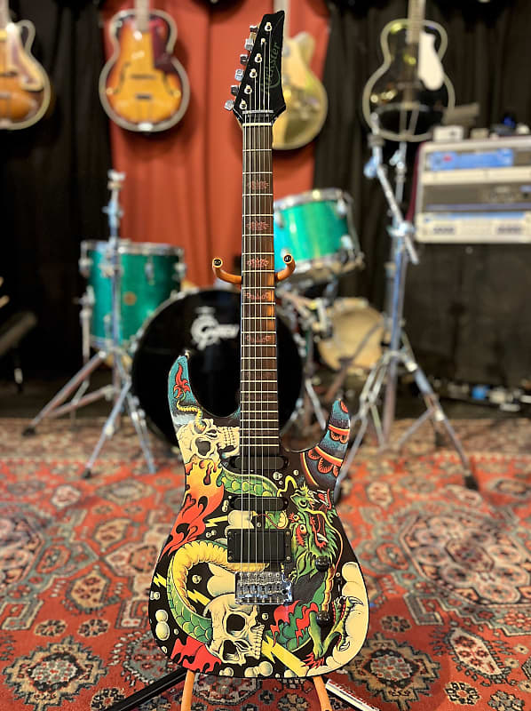 Vintage 1980s Rockster Super Strat Black Skull Snake Graphics | Reverb