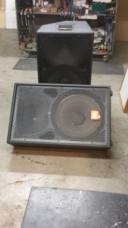 Pair of JBL MP415 15" Two way driver PA speakers. Front of | Reverb