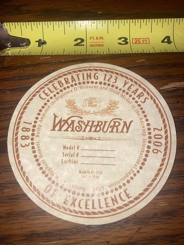 Washburn Sound hole label 123 years 2006 go Tan and brown | Reverb