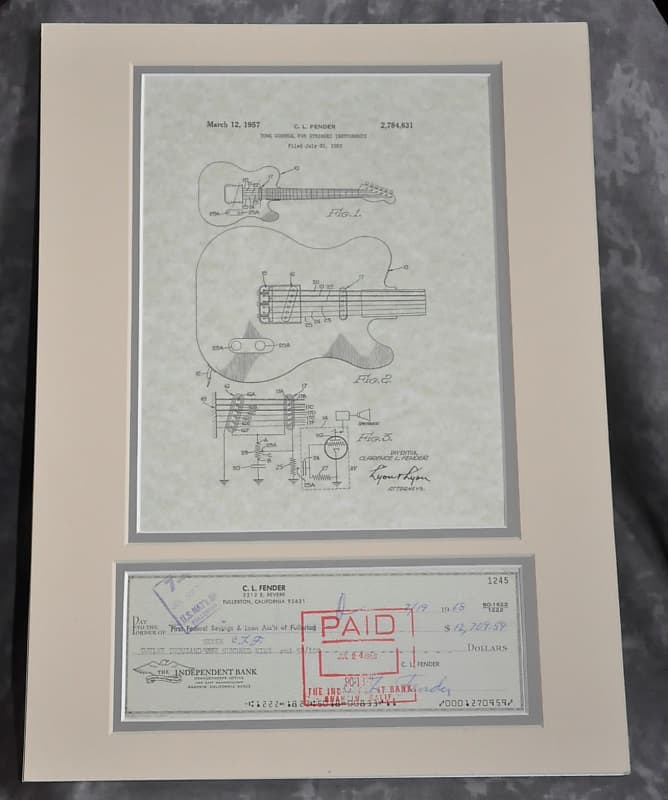 Leo Fender Autographed Signed 1968 Check w/ Telecaster Patent | Reverb