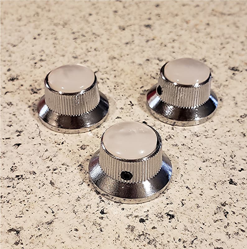 Strat knobs Chrome / white pearl tops by Dillion X 3 | Reverb