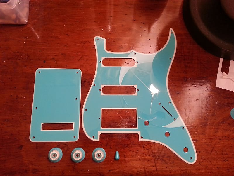 Fender Stratocaster HSS Pickguard Set Carribian Blue/White | Reverb