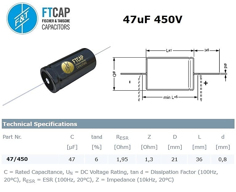 F&T 47uF 450V, axial electrolytic capacitor, A47045021036 - | Reverb