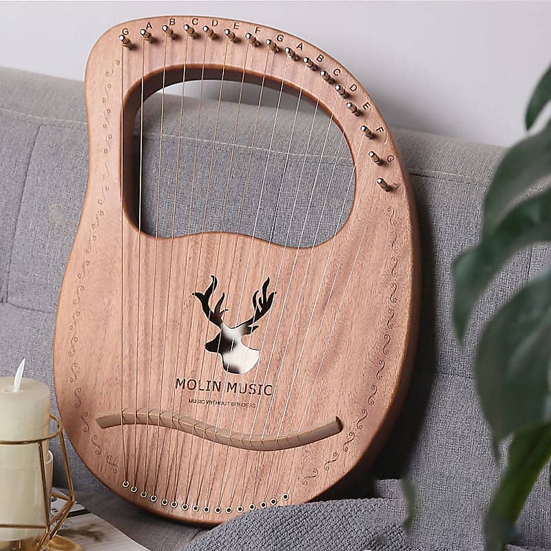 Solid wood veneer portable lyre -16 string natural wood deer | Reverb