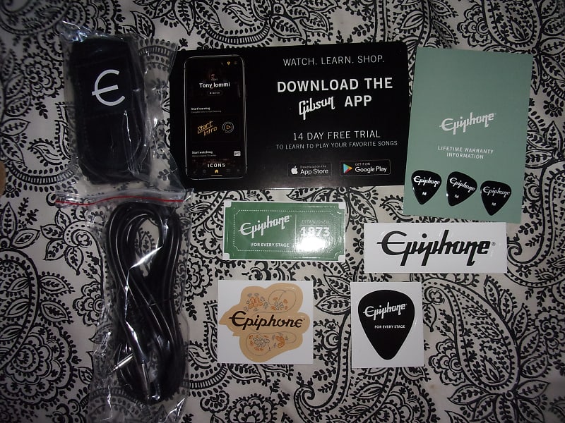 Lot of Epiphone Case Candy 4 Decals, 3 picks, Strap, Guitar | Reverb