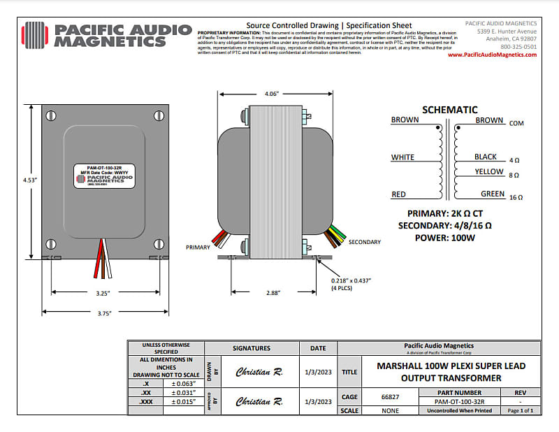 Pacific Transformer Marshall 100 Watt Plexi Super Lead Output | Reverb