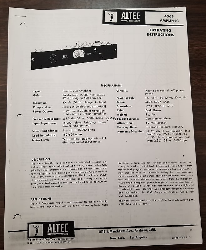 ALTEC 436B MANUAL (Copy) 1961 | Reverb
