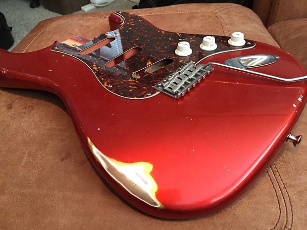 MJT VTS Candy Apple Red over Gold Loaded Strat Body - Relic | Reverb