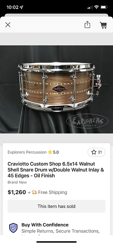 Craviotto Custom Shop 6.5 x 14 Solid Walnut Shell Snare Drum | Reverb