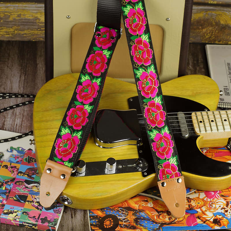 Guitar Strap Floral red roses Artisan Strap with Hippie Vibe | Reverb