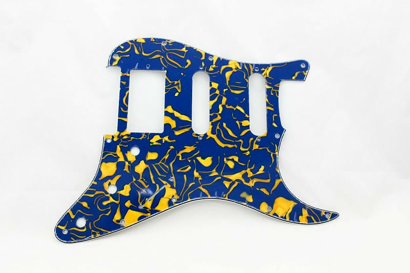 Strat 11 Hole Pick guard SSH Blue / Gold Pearl 3 ply | Reverb