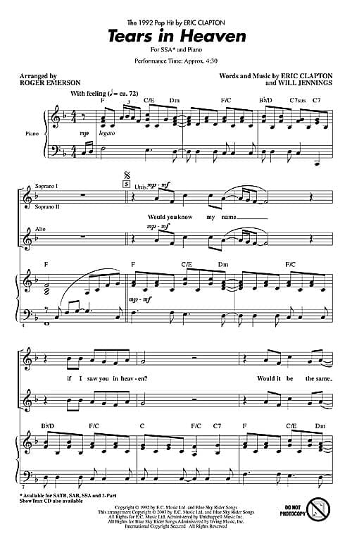 Tears In Heaven Ssa Pop Choral Series Eric Clapton | Reverb