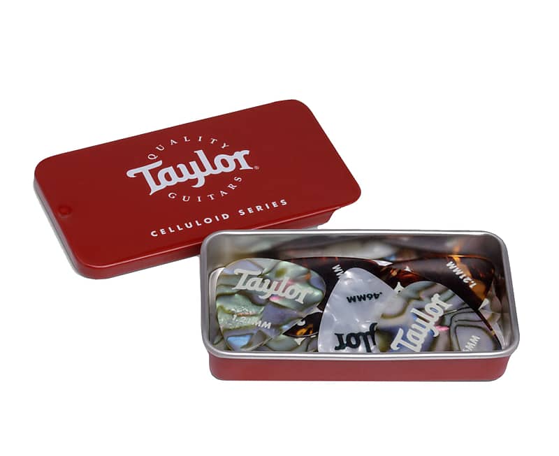 Taylor Pick Tin with 12 Celluloid Picks | Reverb