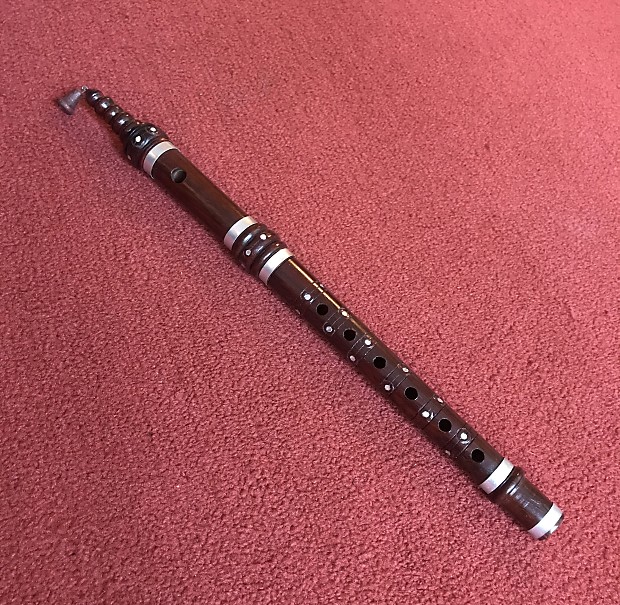 Nepali Wood Flute carved with decorative inlays, dark brown | Reverb