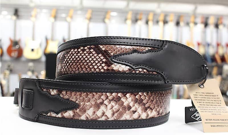 FLS-BK Real Snake Skin Center/Leather Guitar Strap - Black | Reverb