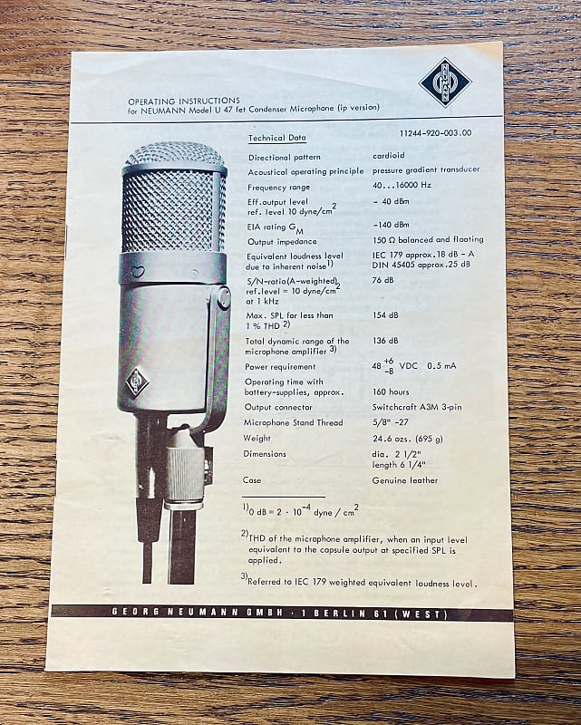 Neumann U47 Original Parts Manual | Reverb