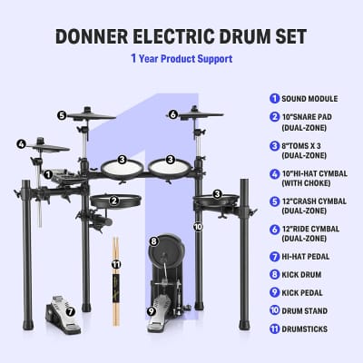 Donner DED-300 Electric Drum Set, Mesh Pad Electronic Drums | Reverb