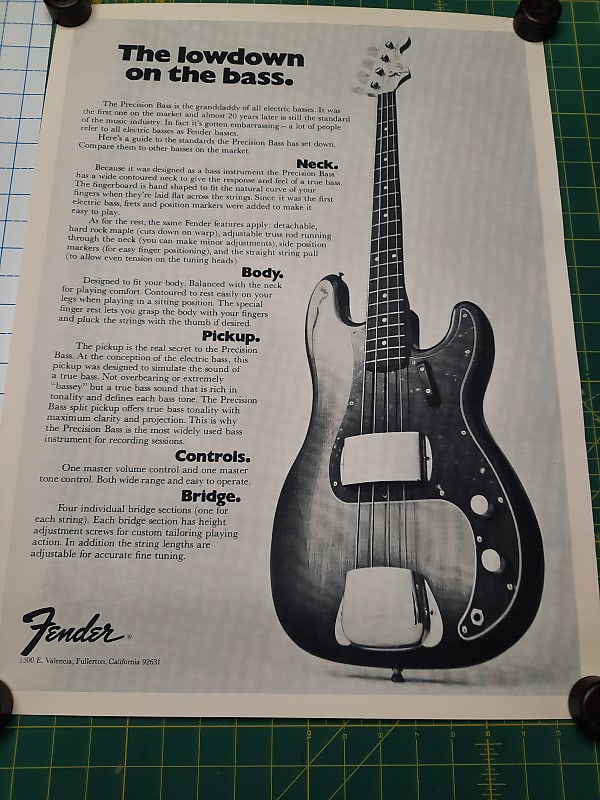 Fender Precision 1970's magazine ad. Blown up to 22" x 18" | Reverb