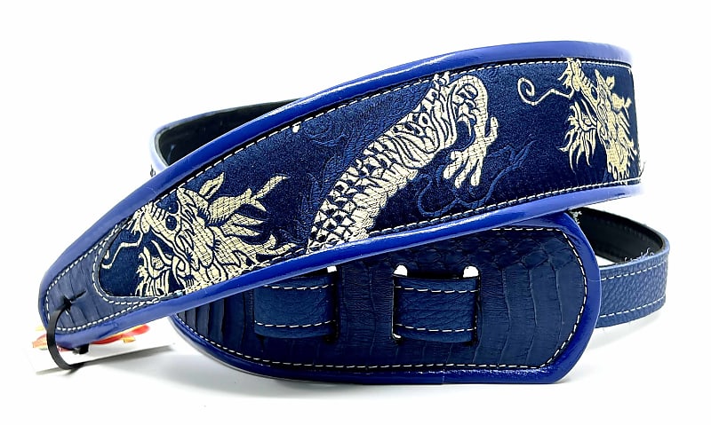 Mark's Dragons Blue/Silver - Leather Guitar Strap - Hand Made | Reverb