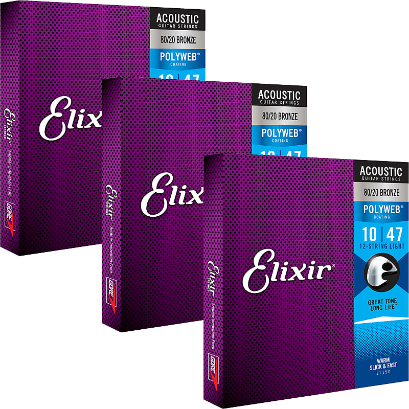 3 Sets of Elixir 11150 12-String 80/20 Bronze POLYWEB Light | Reverb