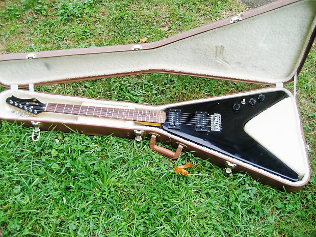Lotus Flying V Guitar, 1970's, Korea, Black, 2 Pu's, Case | Reverb