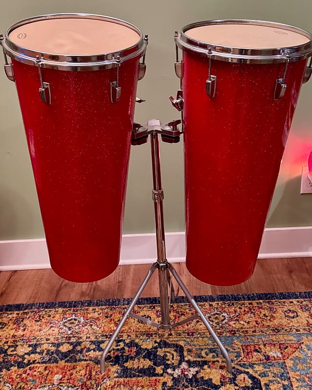 Ludwig Congas Vintage 12" x 27" w Stand Red Metal Flake 70's | Reverb