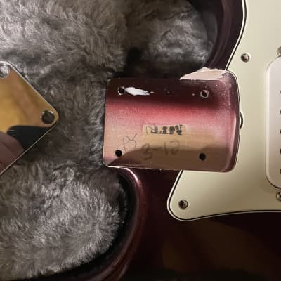 MJT Stratocaster body, light relic, oxblood w silver racing | Reverb