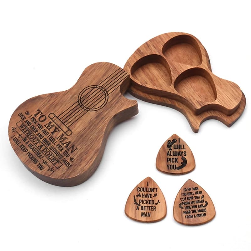 Wooden Guitar Pick Box + Wooden Picks (Guitar Design) | Reverb
