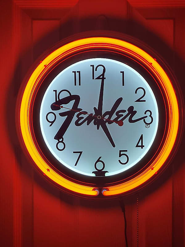1960's-70's Fender Logo Double Neon Red/White Wall Clock | Reverb