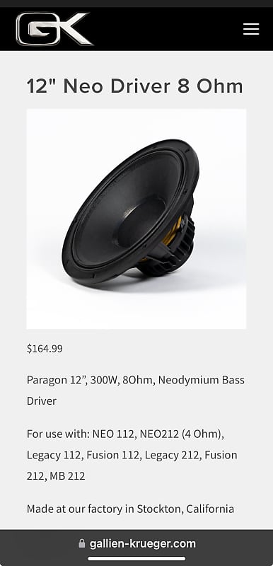 Gallien Krueger GK Paragon 8 ohm NEO 12 Inch Bass Speaker AS | Reverb